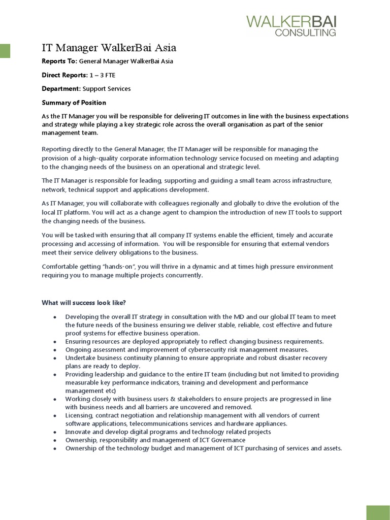 Walkerbai Asia Position Description - IT Manager | PDF | Leadership | Governance