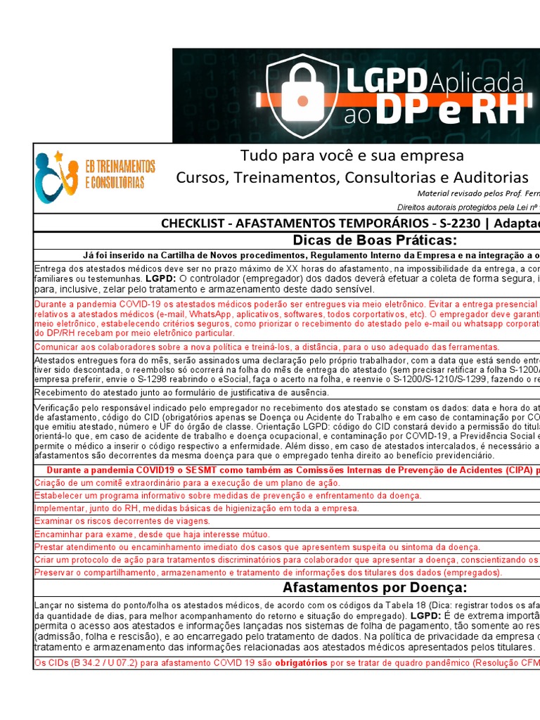 Checklist de Afastamentos Temporarios LGPD | PDF | Férias trabalhistas ...