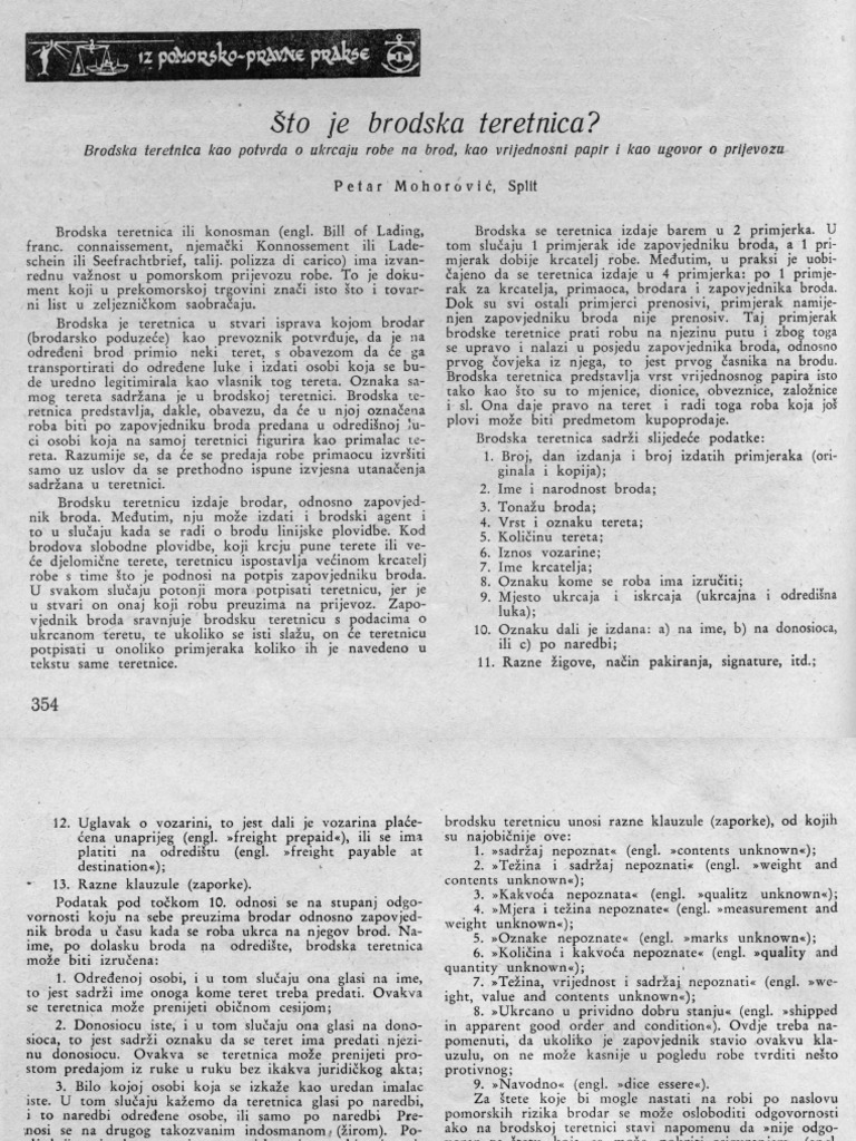 Mohorovic-Brodska Teretnica-Pomorsko Pravo | PDF