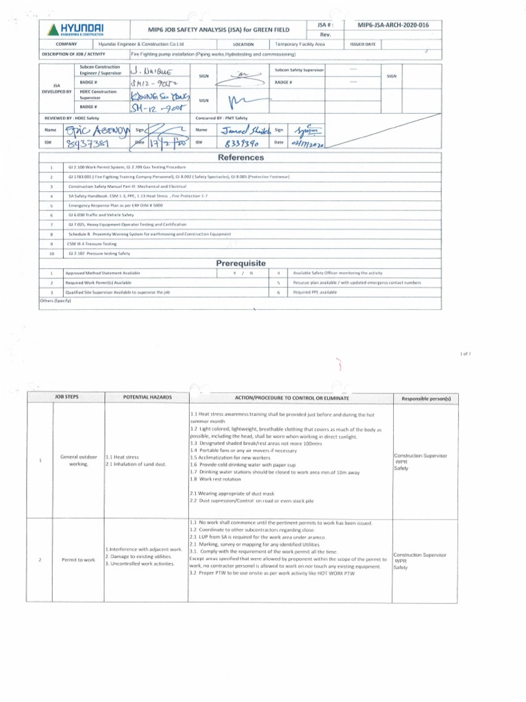 JSA Fire Fighting Installation | PDF