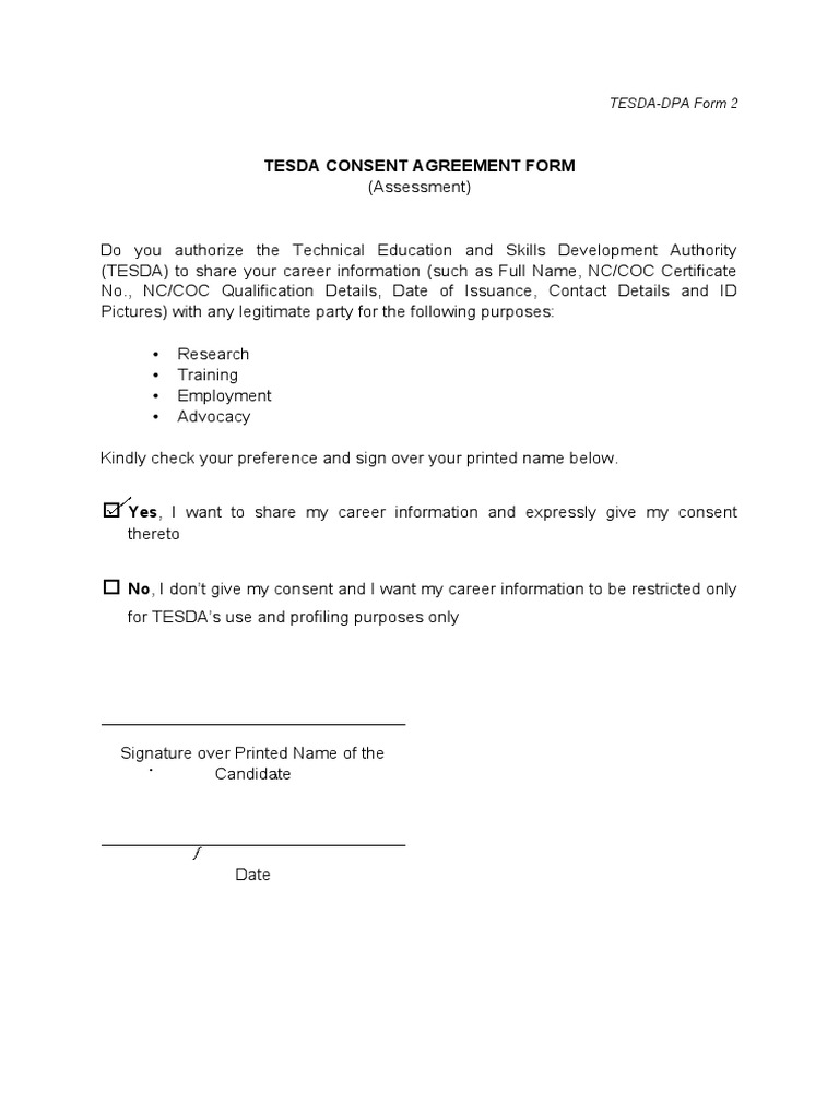 TESDA Consent Agreement Form for Assessment | PDF