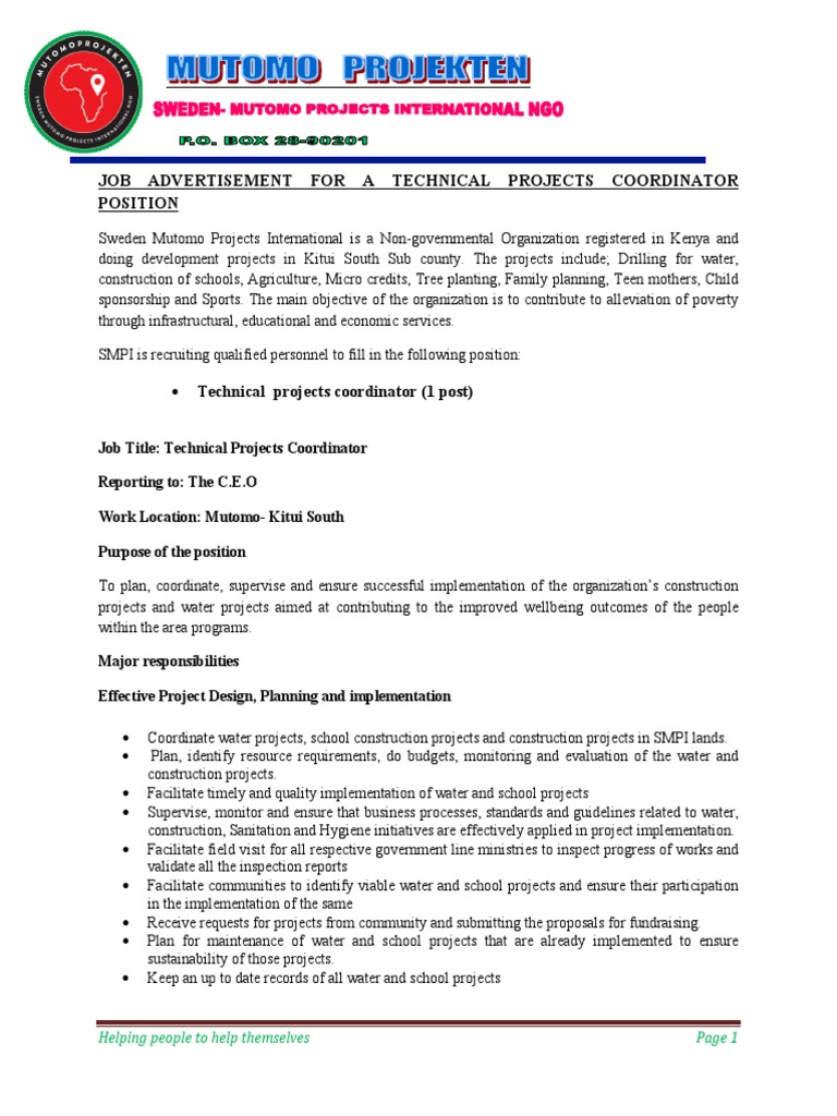Job Advert-Technical Projects Coordinator | PDF | Identity Document ...