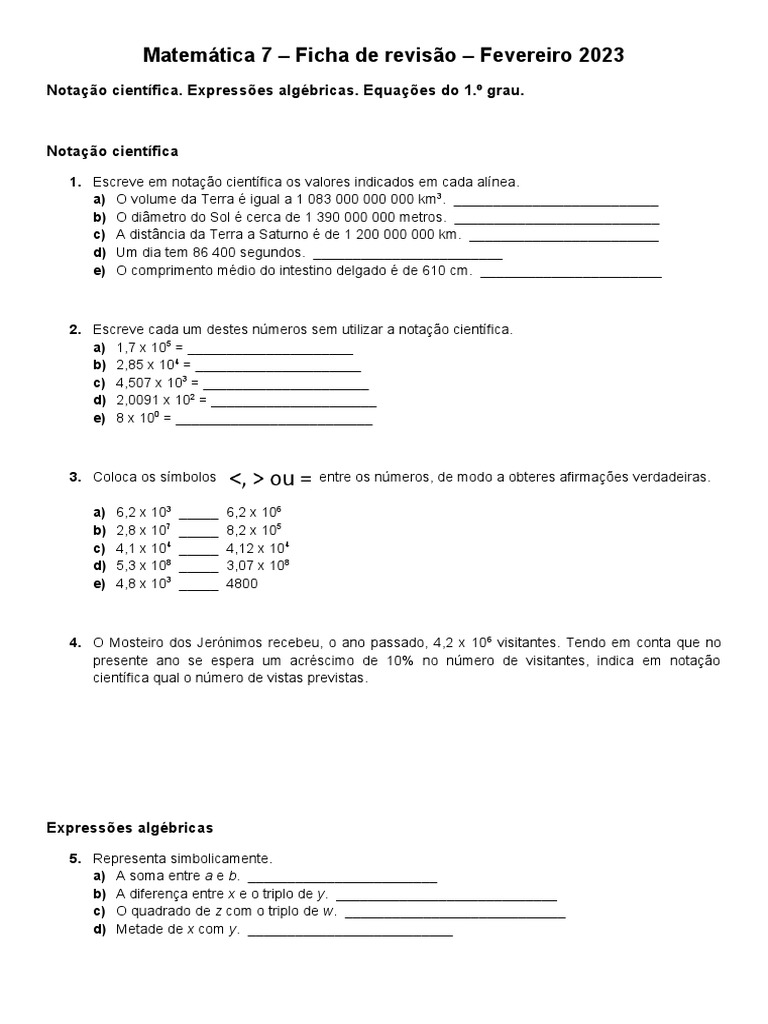 Mat7 - Ficha de Revisao - Fev 2023 | PDF