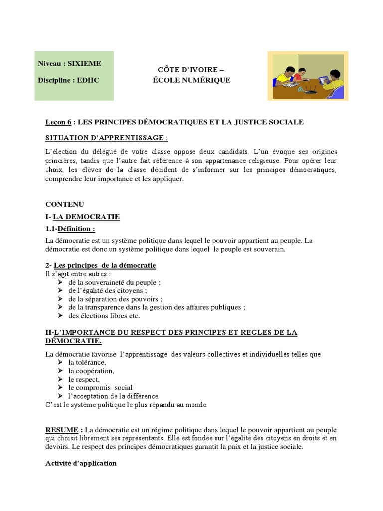 Edhc 6eme - l6 - Les Principes Democratiques Et La Justice Sociale | PDF | Démocratie ...
