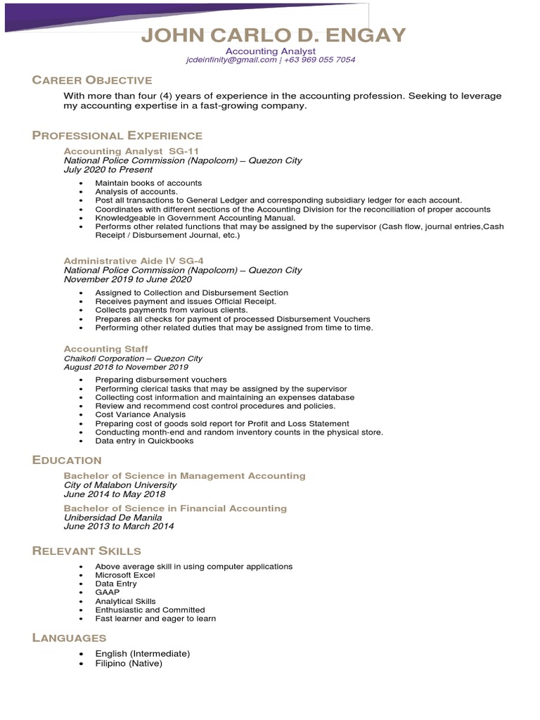 John Carlo Engay - CV | PDF | Accounting | Management Accounting