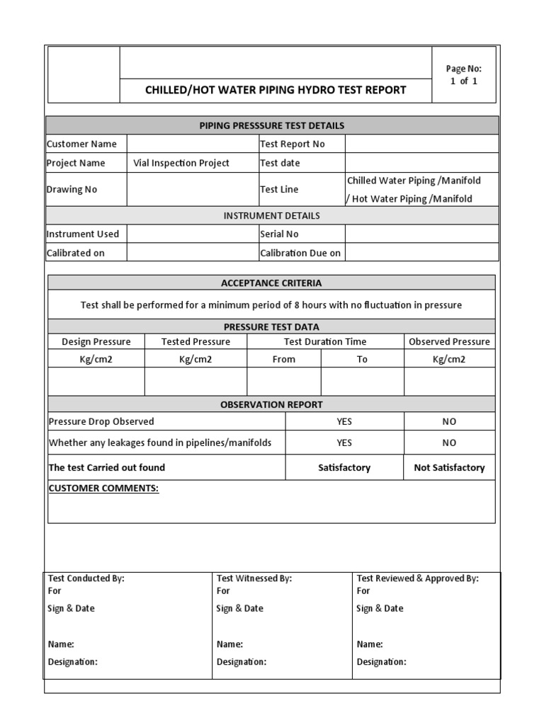 CHW & HW Piping Pressure Test Report Format | PDF