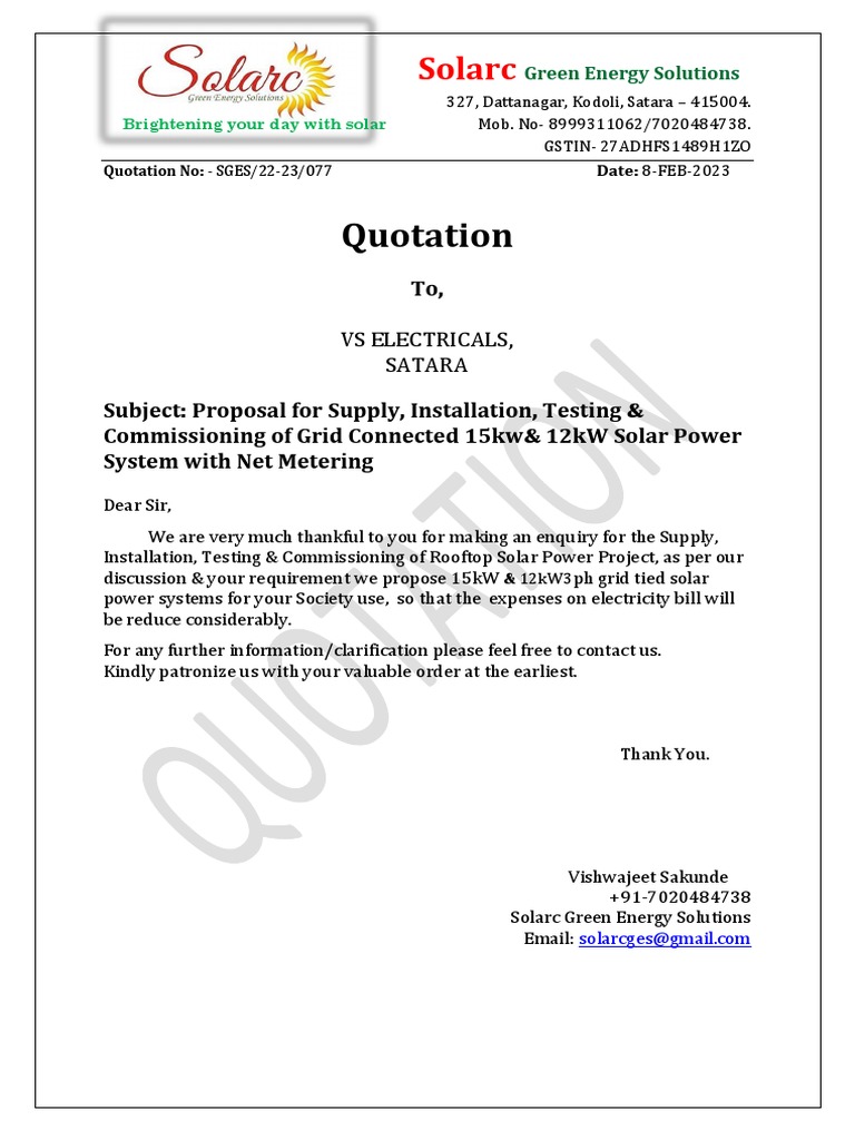 Quotation For SolarcGES-15kW | PDF | Solar Panel | Solar Power