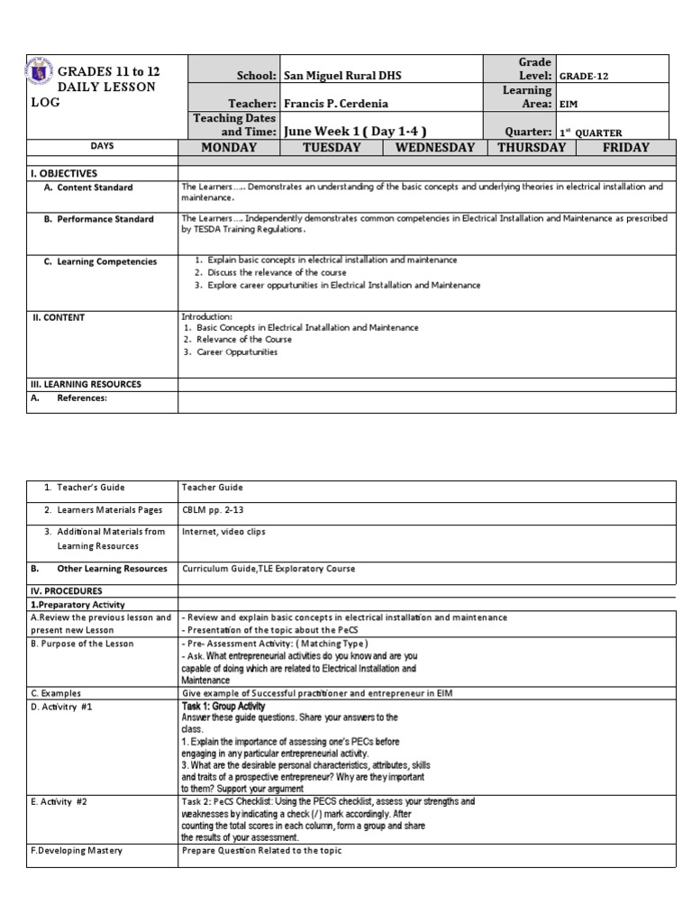 DLL EIM gRADE 11 & 12 June WK 1 | PDF | Teachers | Learning