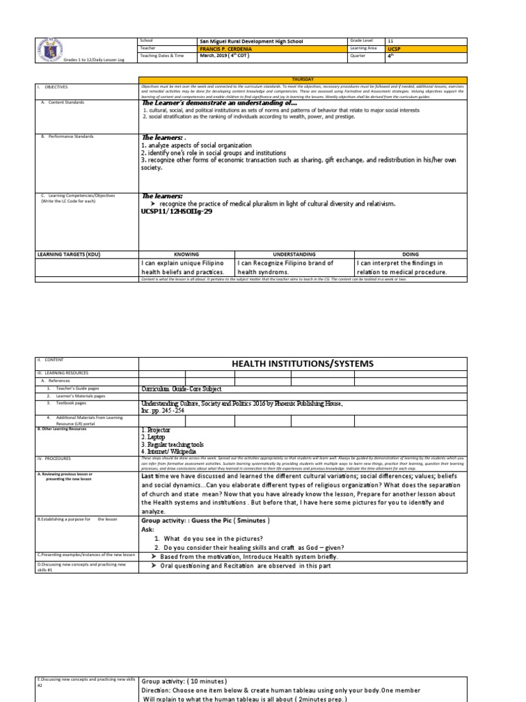 DLL UCSP COT#4.docx Health Systems | PDF | Learning | Teachers