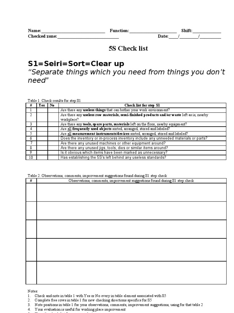 5S Checklist for Workplace Sorting | PDF