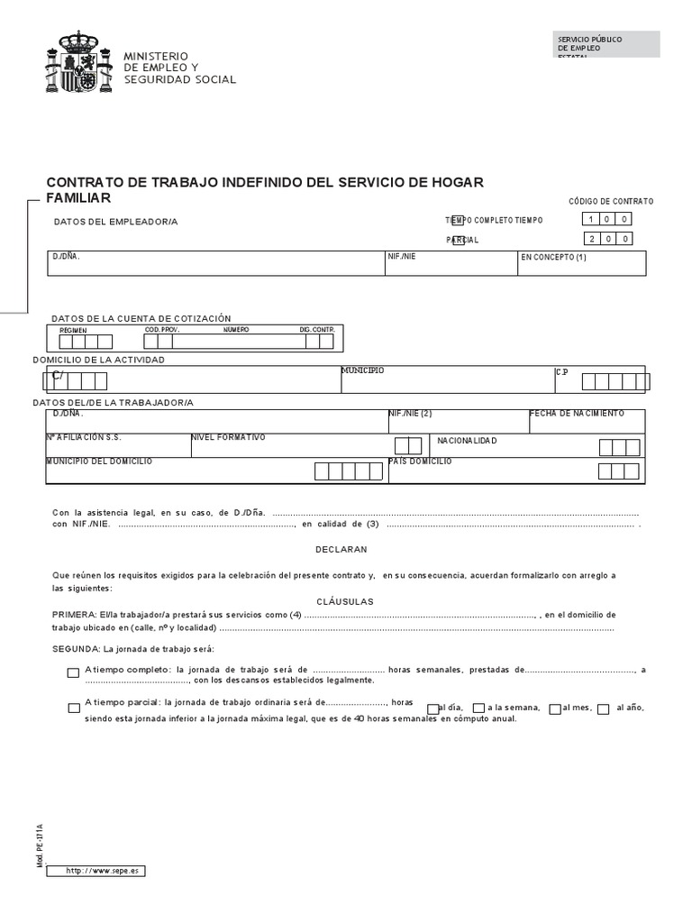 Mod PE 171 Contrato Indefinido Empleada de Hogar | PDF | Tiempo de trabajo | Salario