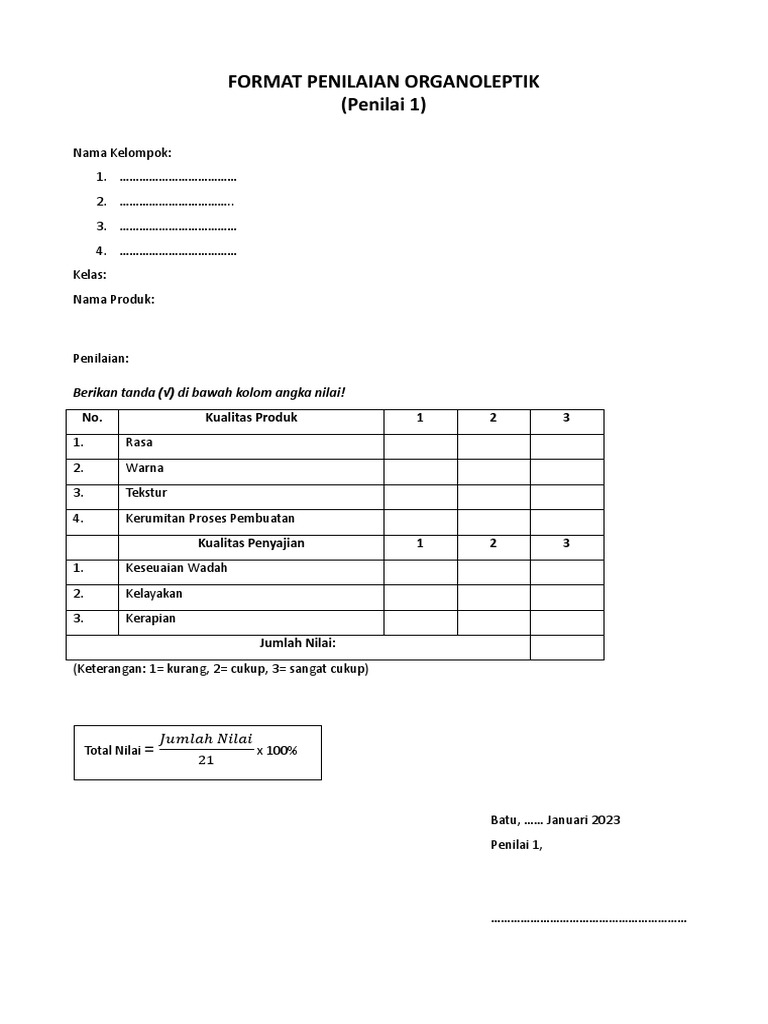 Format Penilaian Organoleptik | PDF