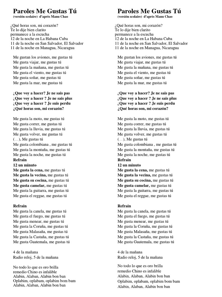 Paroles Me Gustas Tu | PDF | Poesía