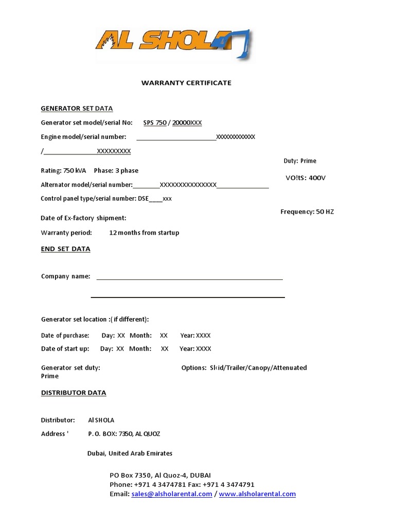 Generator Warranty Certificate Details | PDF | Technology & Engineering ...