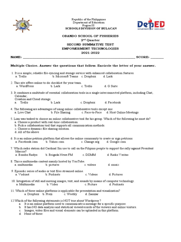 2ND Quarter 2ND Summative Test Emp - Tech | PDF | Websites | Podcast