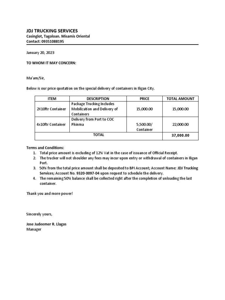 JDJ Trucking Services-Quotation | PDF