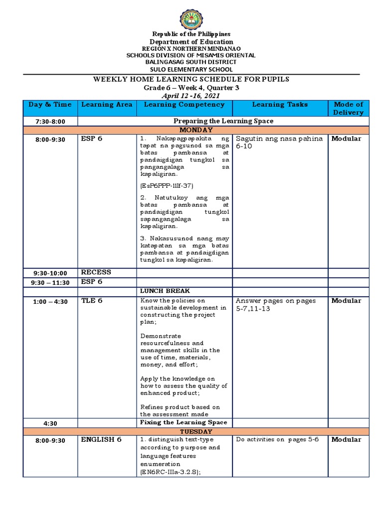 Weekly Home Learning Plan - Week 4, Q3 | PDF | Cognitive Science | Behavior Modification
