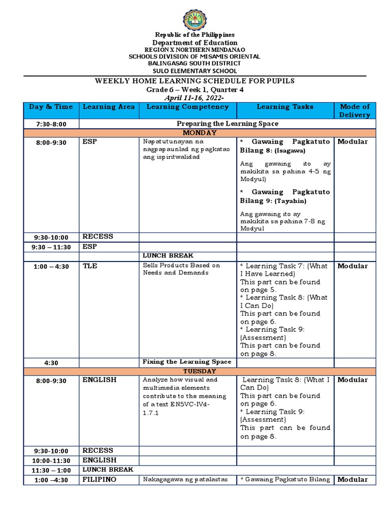 Weekly Home Learning Plan & WLP - Grade 6 Q4 | PDF | Adverb