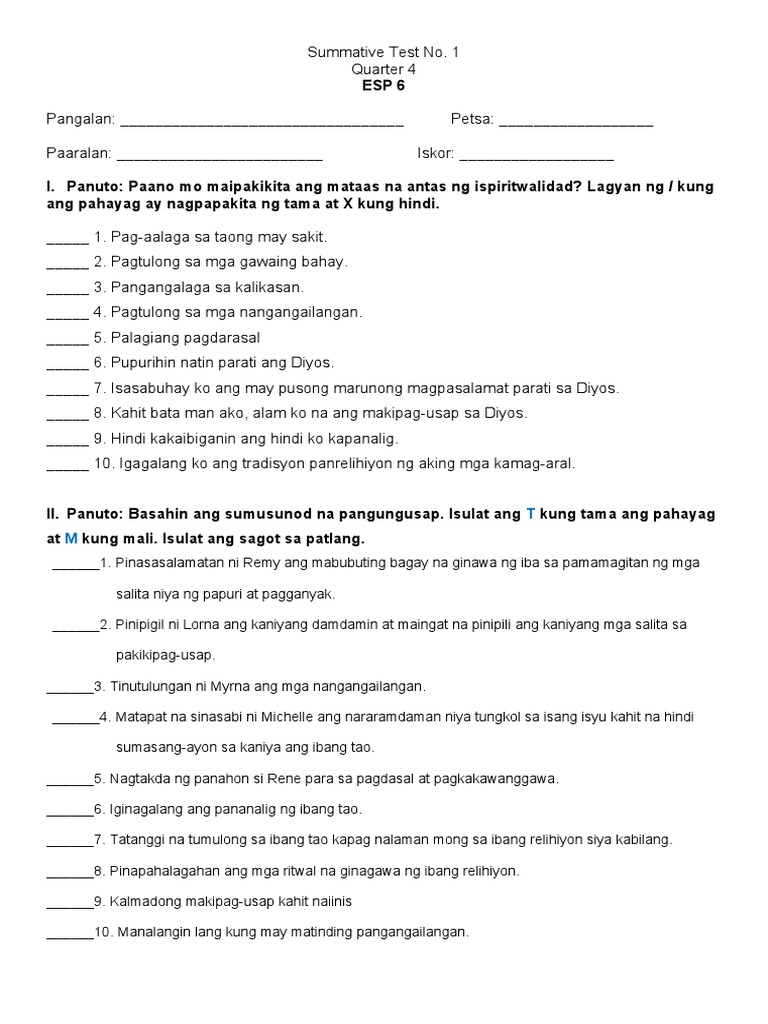 Summative Test No 1, Quarter 4 Grade 6 | PDF