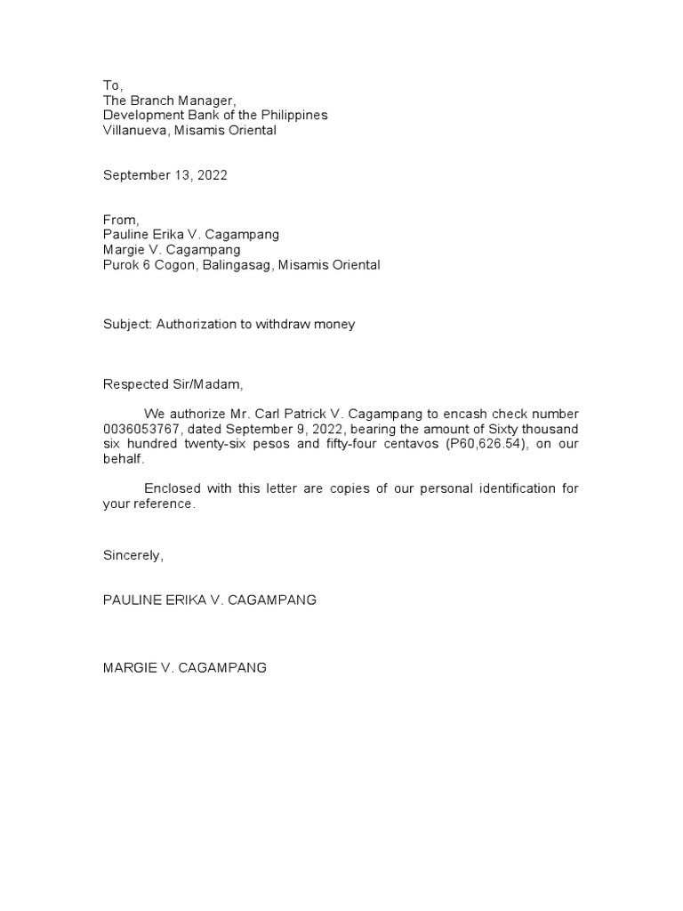 Authorization Letter To Encash | PDF