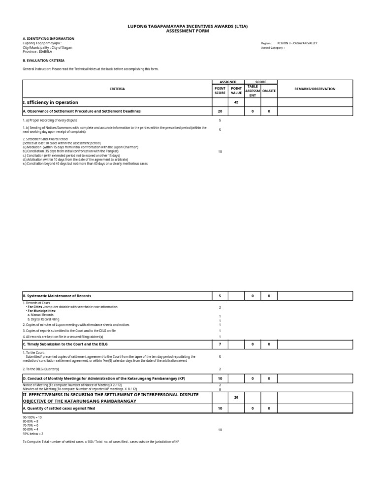2022 LTIA Assessment Form Barangay | PDF | Mediation | Justice
