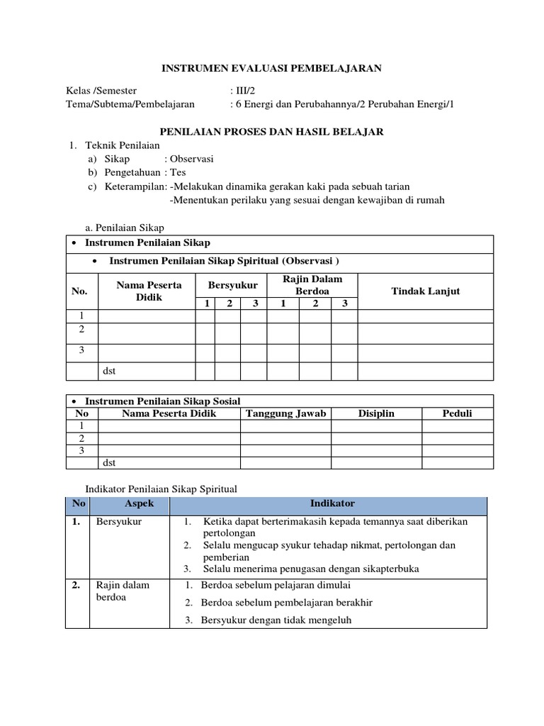 Instrumen Evaluasi Pembelajaran Tema 6 Subtema 2 Pemb 1 | PDF
