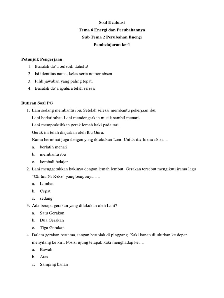 Soal Evaluasi Untuk Siswa Pemb. 1 Tema 6 Sub Tema 2 | PDF