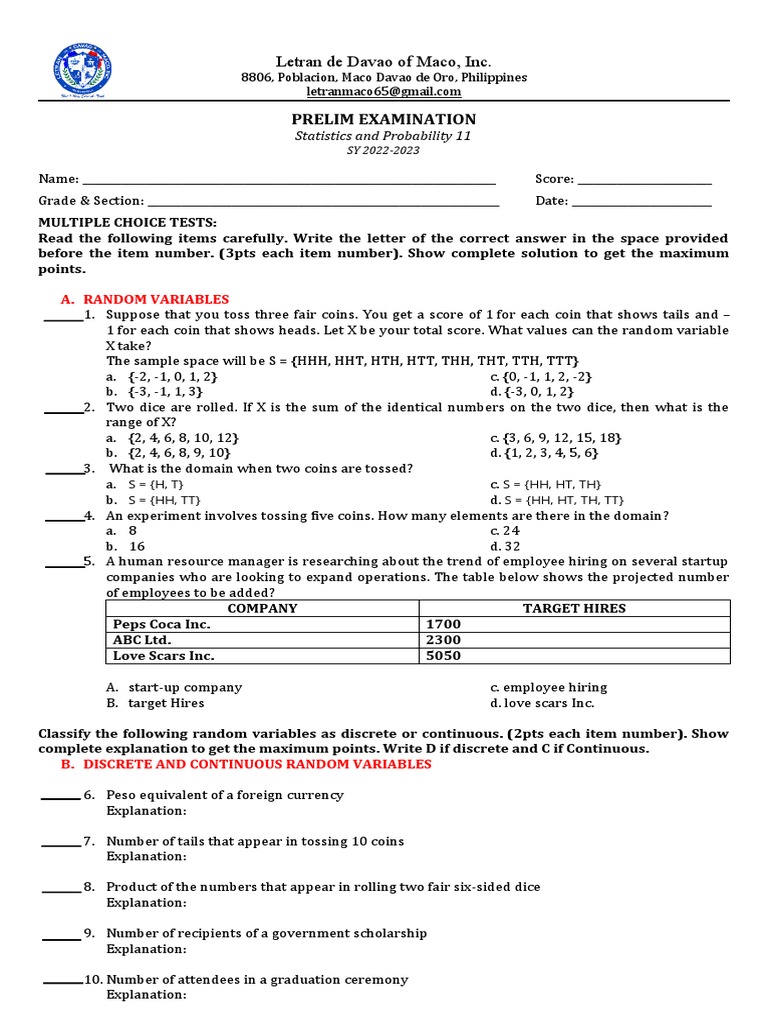 Prelim Exam in Stat and Prob 2022-2023 Grade 11 | PDF | Probability Distribution | Random Variable