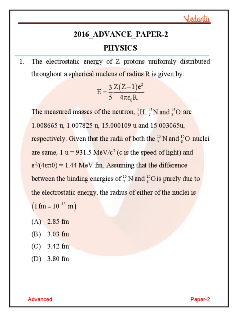 JEE Advanced 2016 Physics Question Paper-2 | PDF | Atomic Nucleus | Series And Parallel Circuits