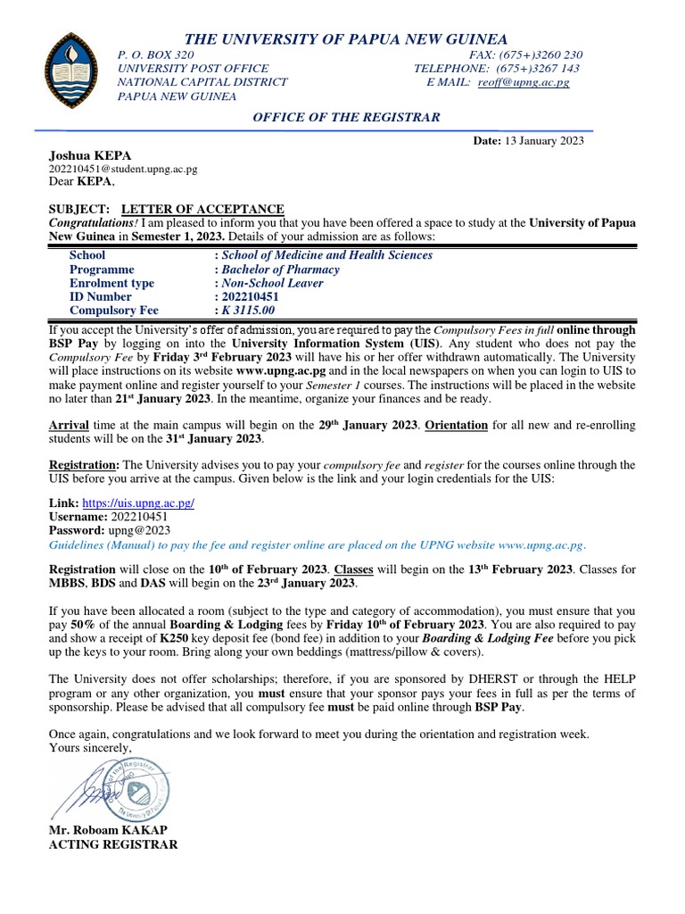 UPNG Admission Acceptance Letter | PDF