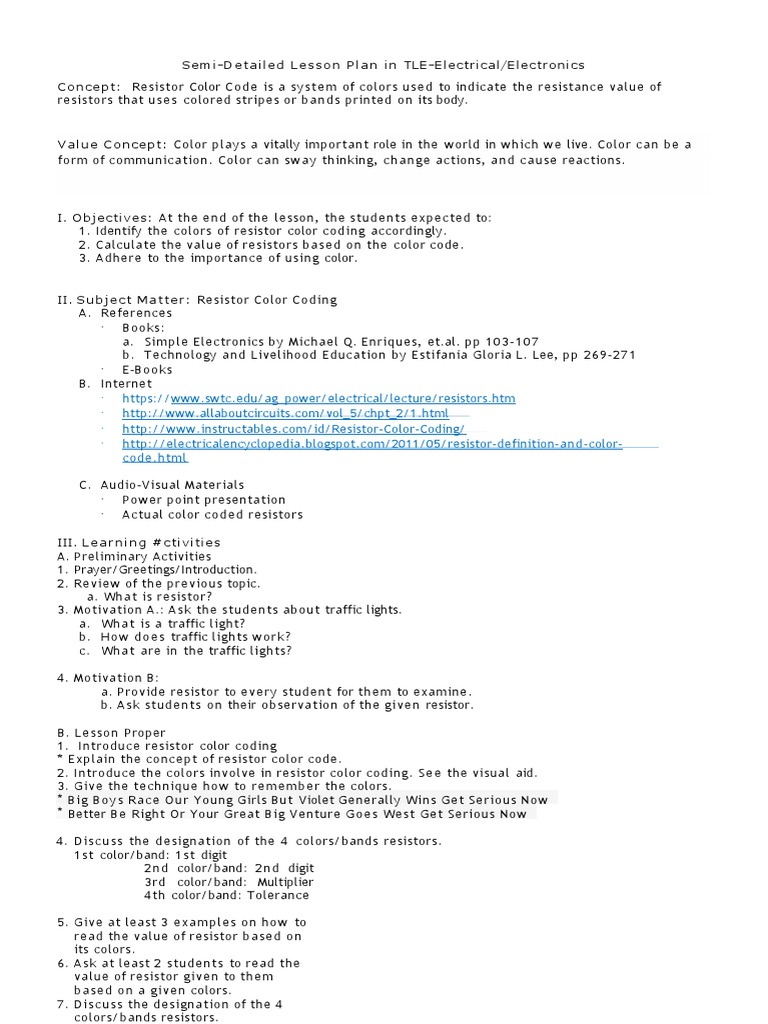 Lesson Plan | PDF | Resistor | Color