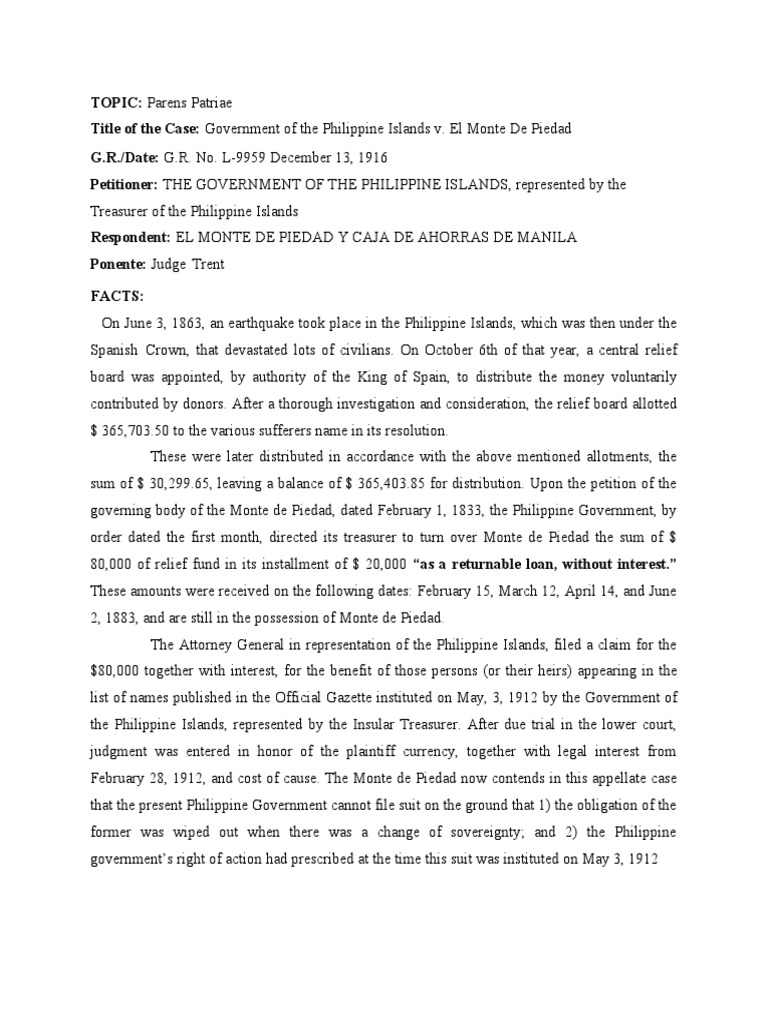 Government of The Philippine Islands V El Monte de Piedad GR No. L 9959 ...