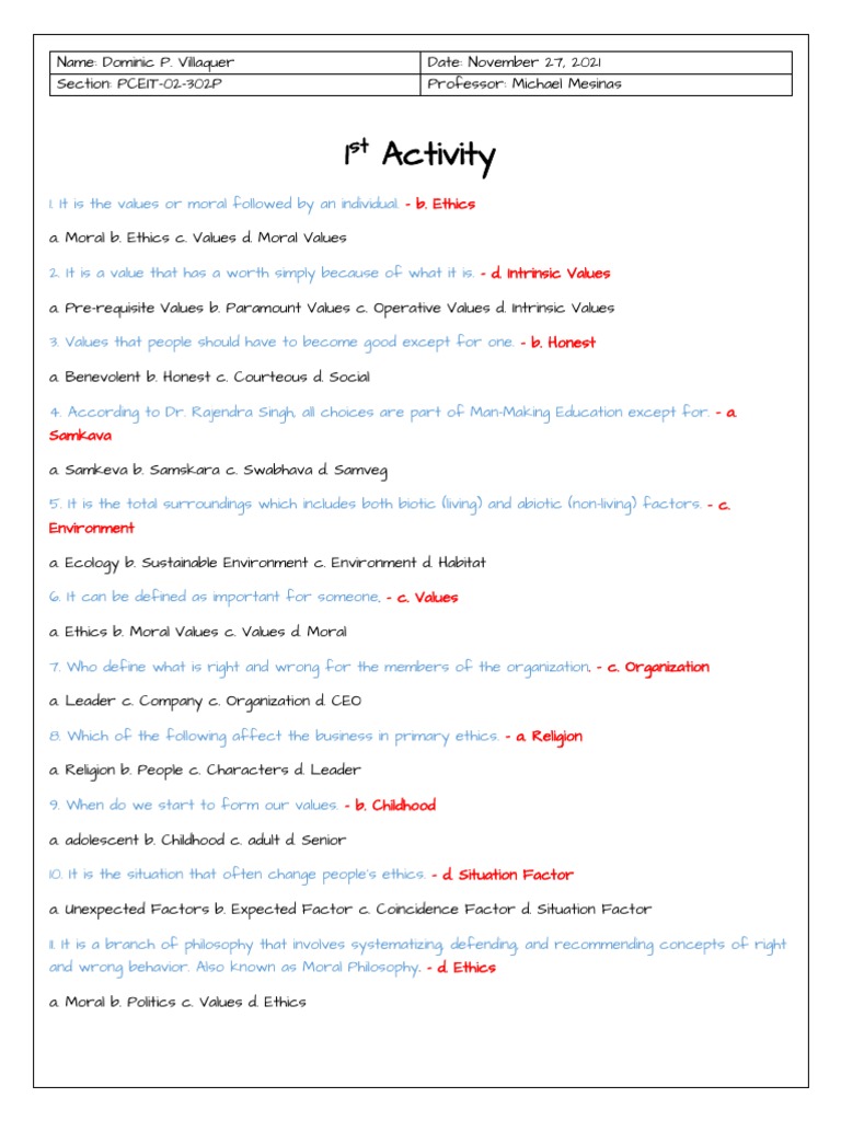 1st Activity - Ethics - Villaquer | PDF | Morality | Applied Ethics