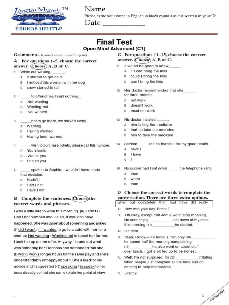 Open Mind Advanced Final Test | PDF | Teachers | Literacy