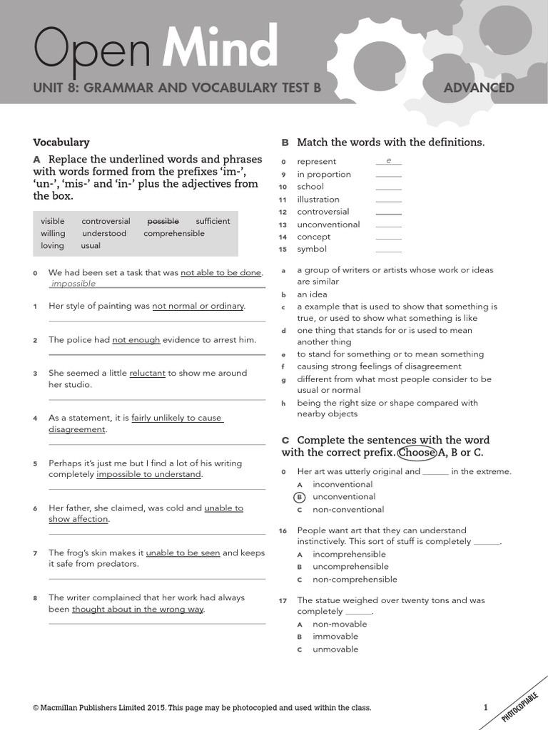Open Mind Advanced Unit 8 Grammar and Vocabulary Test B | PDF | Word ...