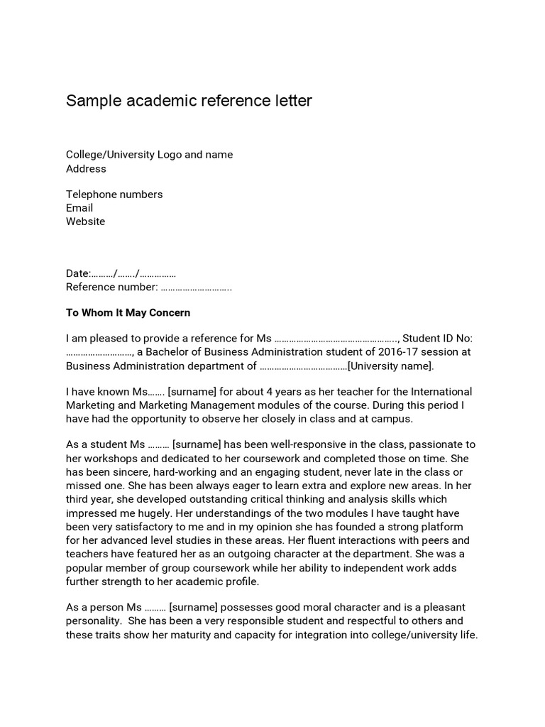 Sample Academic Reference Letter | PDF | Cognition | Cognitive Science