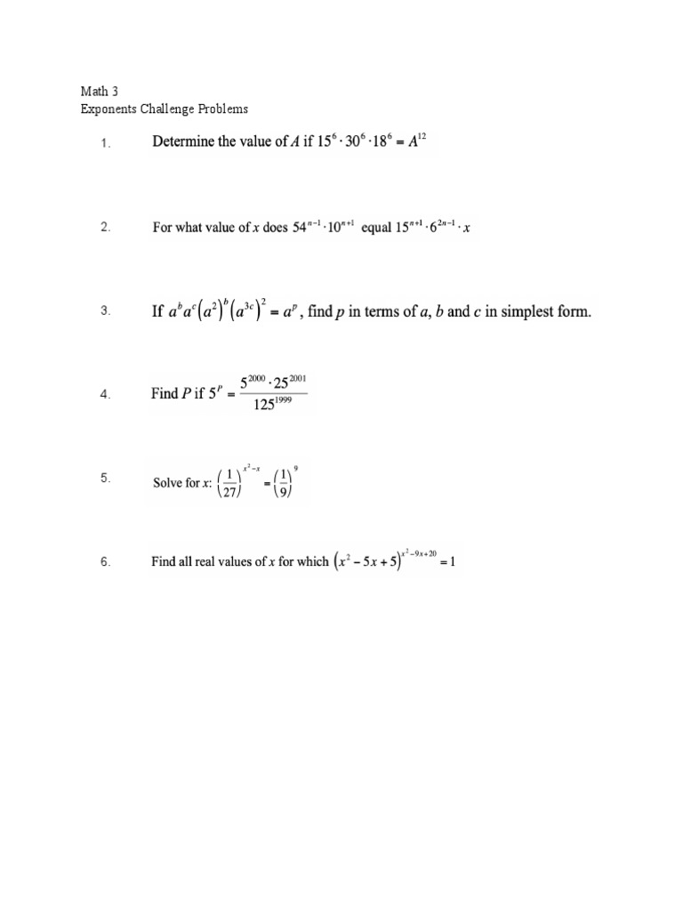 Exponents Challenge Problems | PDF | Teaching Methods & Materials