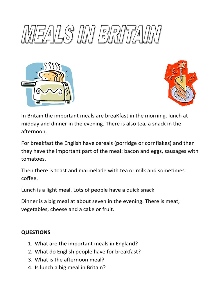 1.meals in Britain Reading Comprehension Exercises - 3331 | PDF