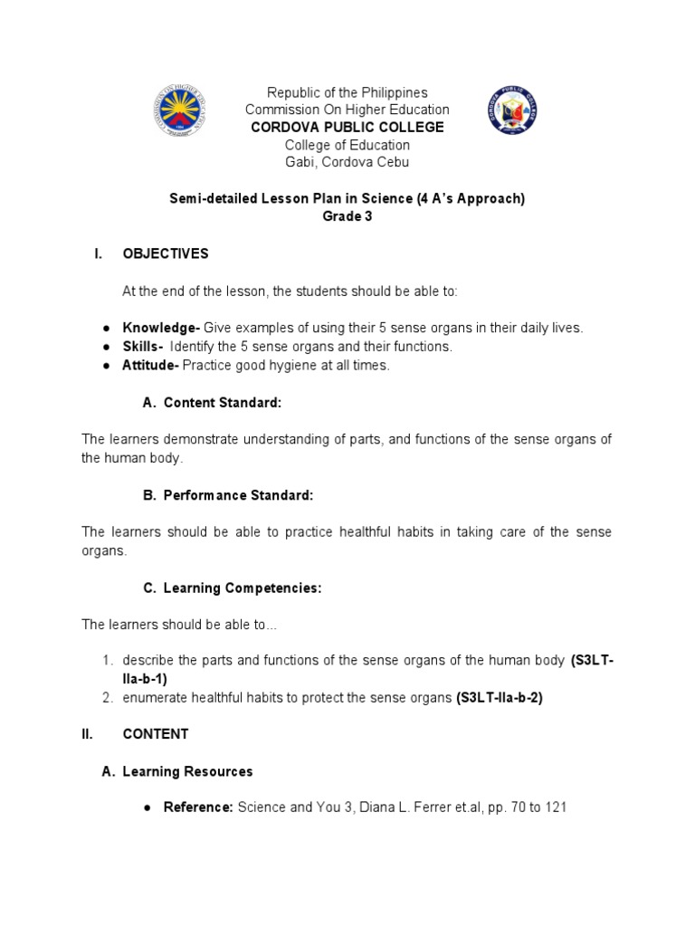 4as Lesson Plan | PDF | Senses | Taste