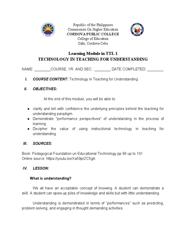 Learning Module In Ttl 1 Technology In Teaching For Understanding