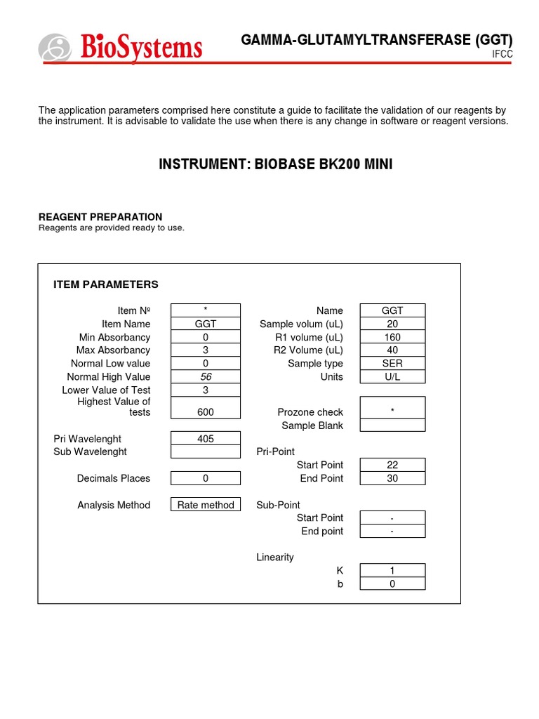 Validation Parameters for Gamma-Glutamyltransferase (GGT) Testing on ...