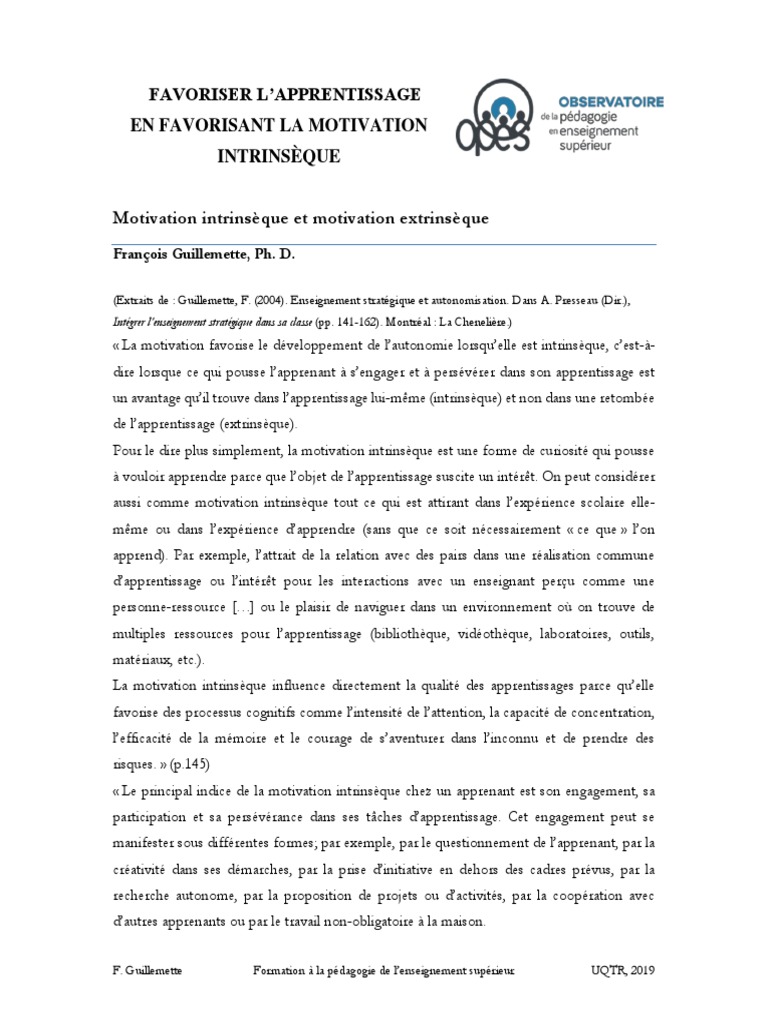 Favoriser la motivation intrinsèque | PDF | Motivant | Motivation