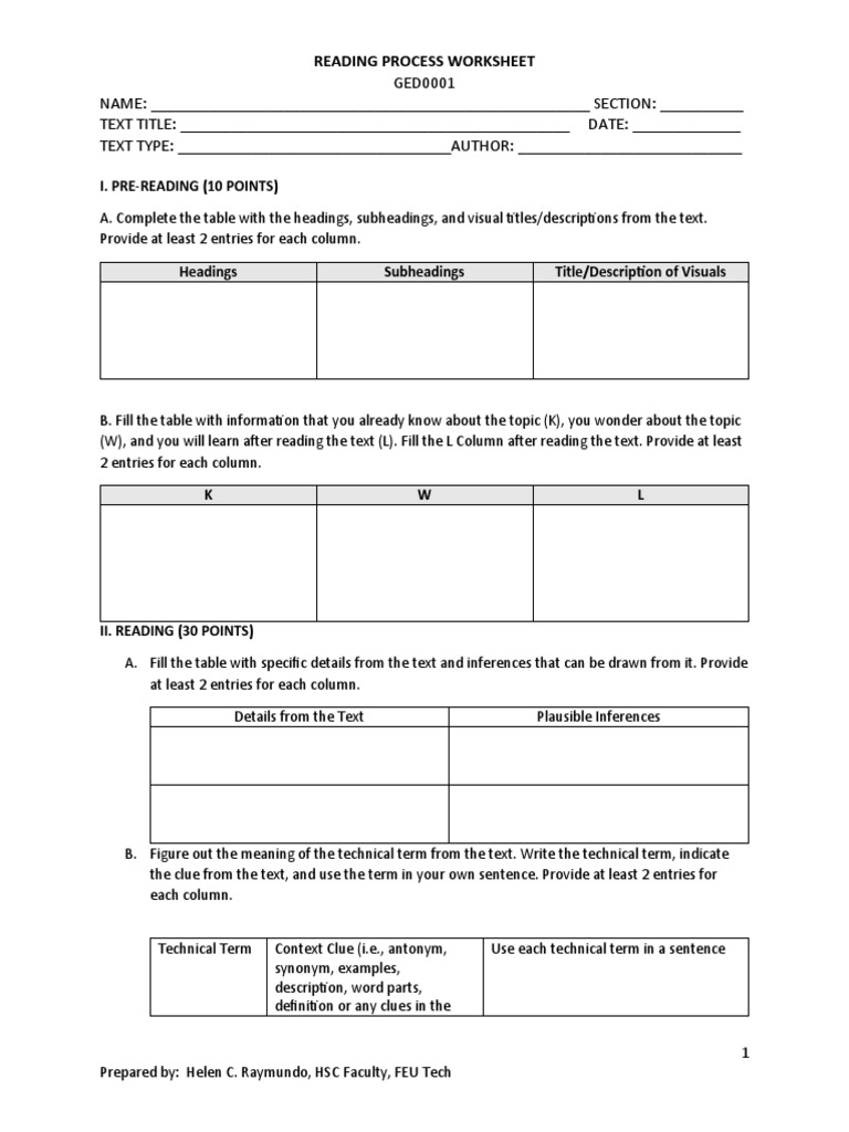 Reading Process Worksheet Guide | PDF | Information | Cognitive Science