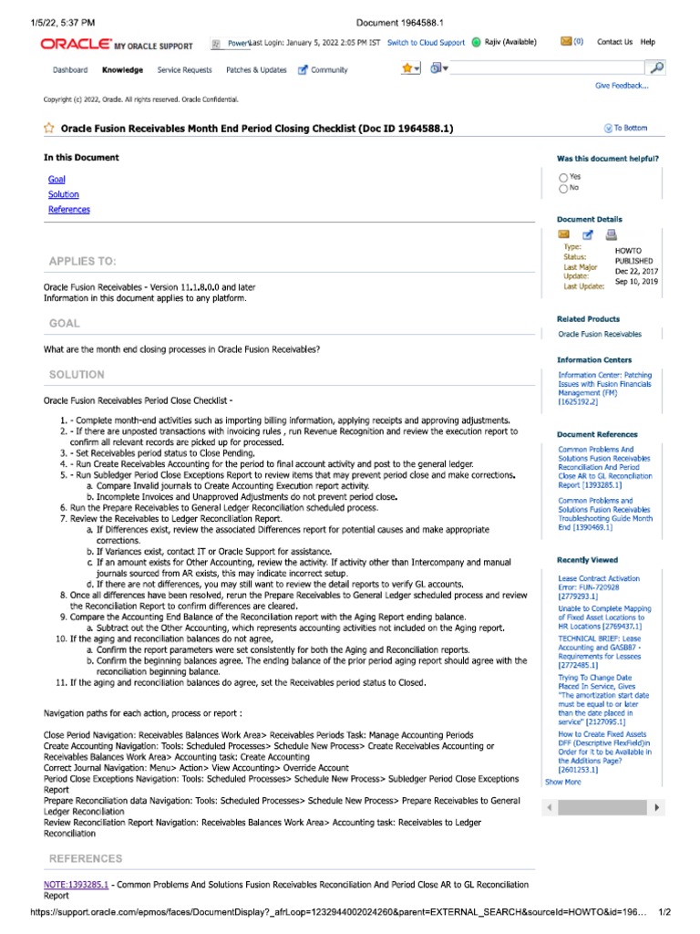 Oracle Fusion Receivables Month End Period Closing Checklist Doc ID ...