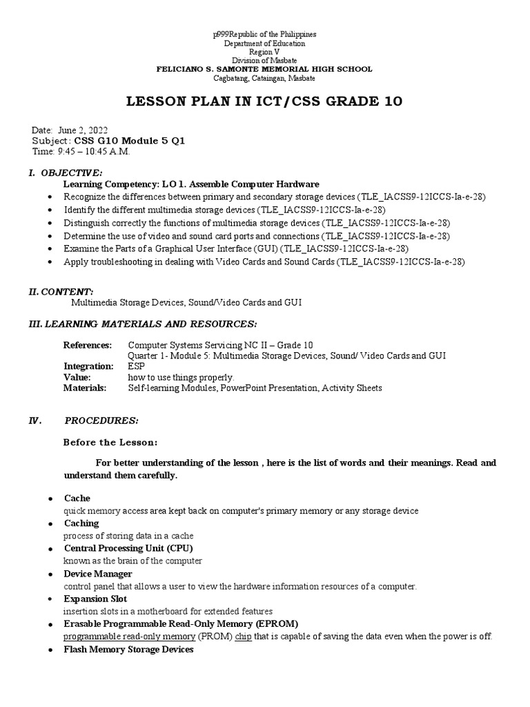 Lesson Plan For TLE ICT 10 M5 Q1 | PDF | Computer Data Storage | Read Only Memory