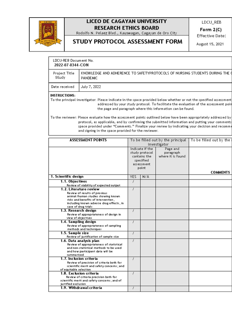 LDCUREB FORM 2C Study Protocol Assessment Form | PDF | Informed Consent ...
