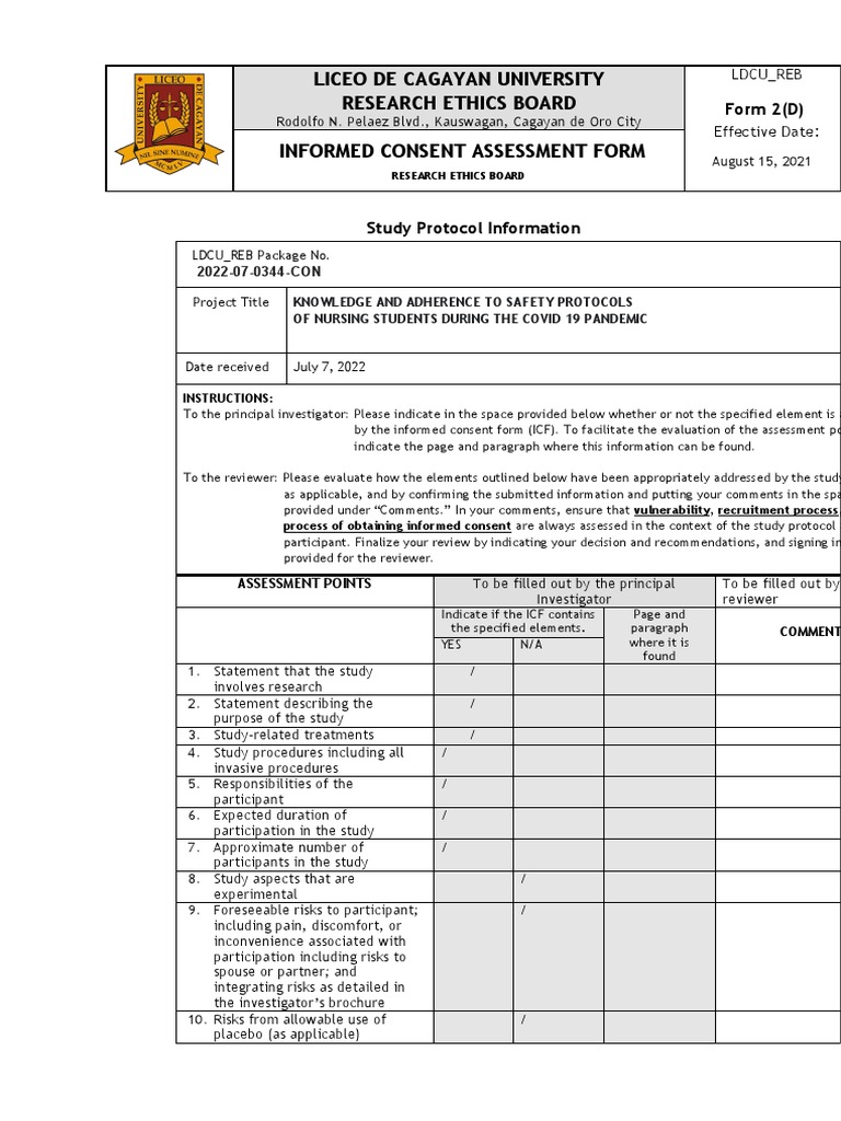 LDCUREB FORM 2D Informed Consent Assessment Form | PDF | Informed Consent | Data