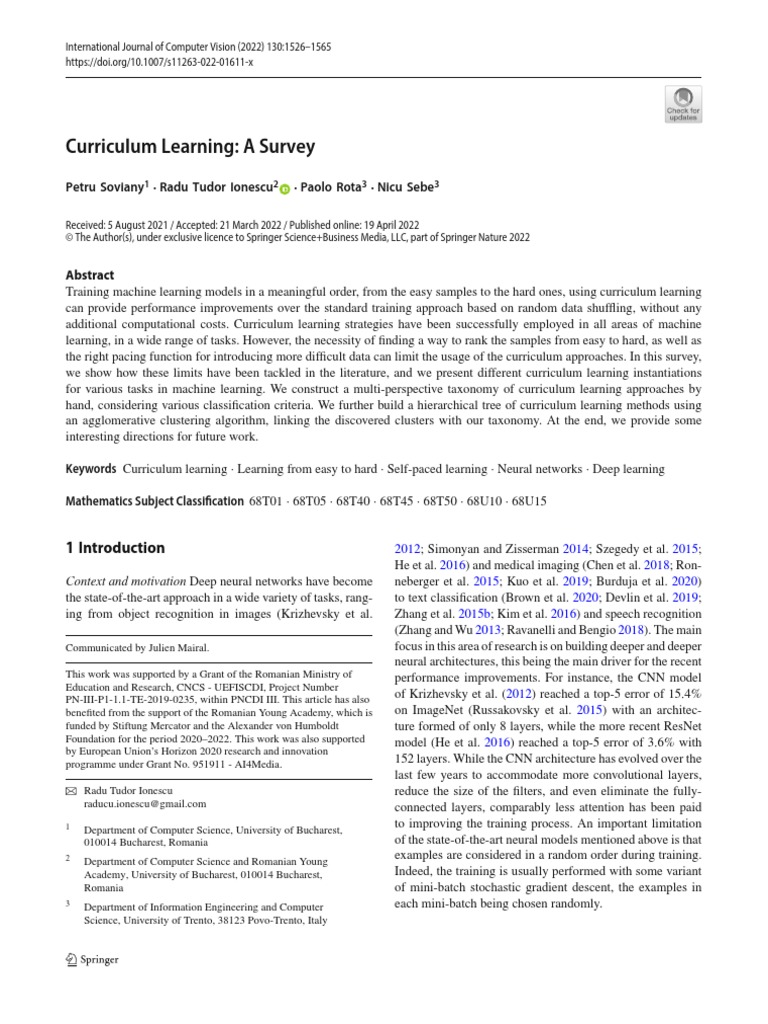 Curriculum Learning: A Survey: Petru Soviany Radu Tudor Ionescu Paolo ...