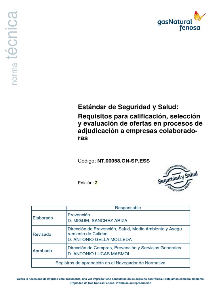 NT.00058.GN-SP - ESS Est Ndar de Seguridad y Salud. Requisitos para Calificaci N, Selecci N y ...