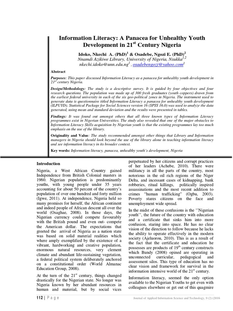 JAIST PAPER 14 Information Literacy Osadebe and Idoko | PDF | Information Literacy | Literacy
